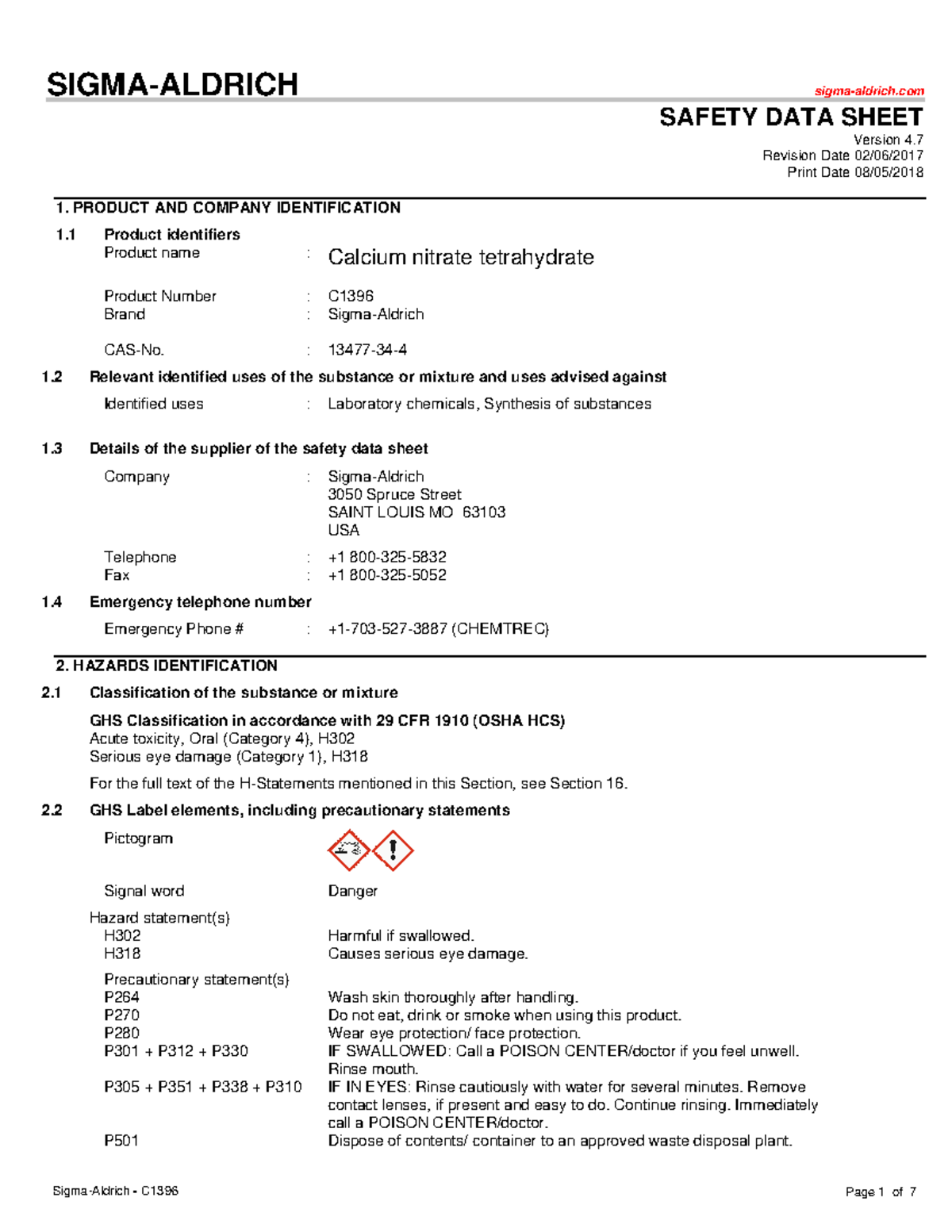 Calcium nitrate tetrahydrate (2-2017 ) - SIGMA-ALDRICH sigma-aldrich ...