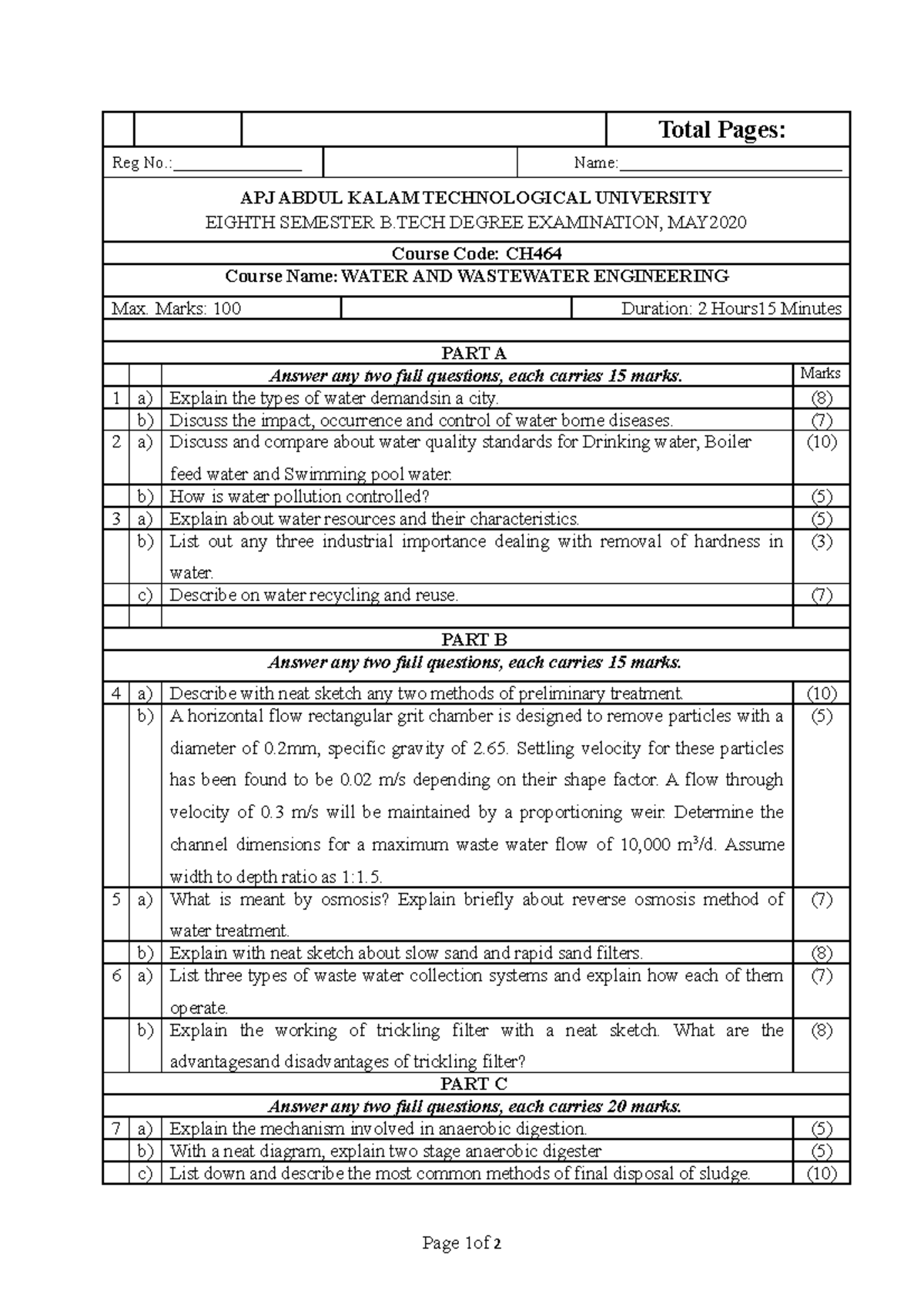 CH464 online exam QP revised - Total Pages: Reg No ...