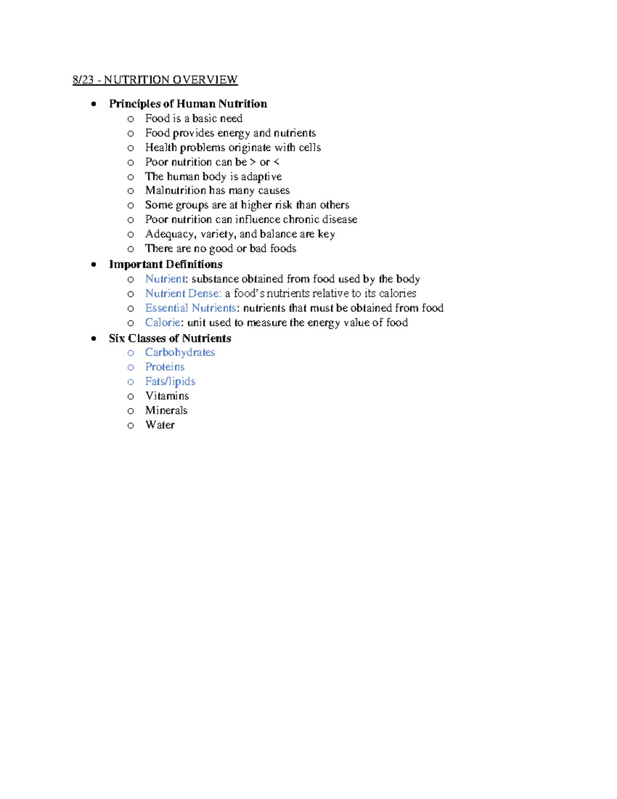 Introduction to Nutrition - 8/23 - NUTRITION OVERVIEW Principles of ...