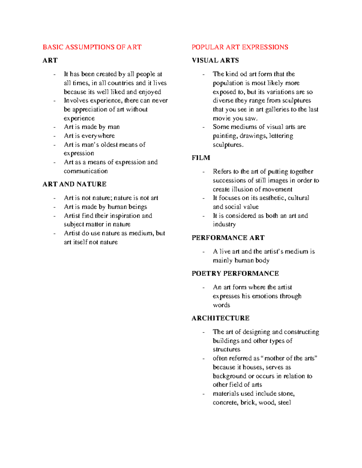 ARTA - Notes - BASIC ASSUMPTIONS OF ART ART It has been created by all ...