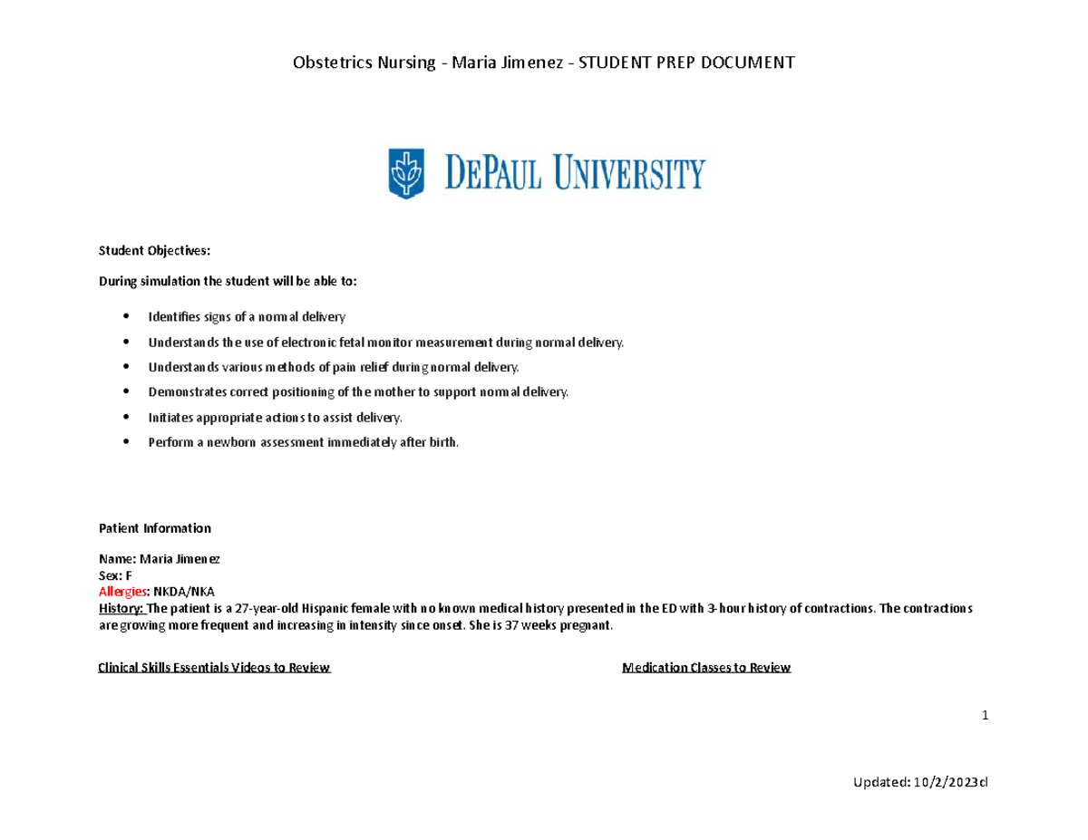 440 Sim Prep Document - sim lab assignment - Obstetrics Nursing - Maria Jimenez - STUDENT PREP ...