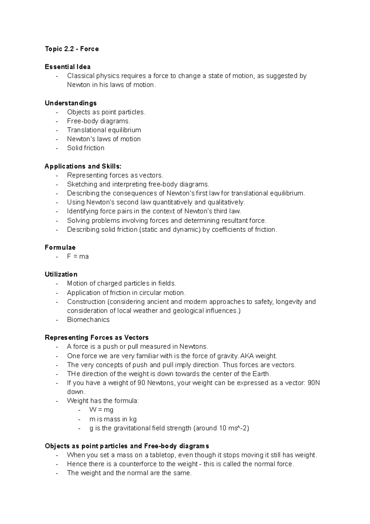 Topic 2.2 Forces - Study Notes for Physics - Topic 2 - Force Essential ...