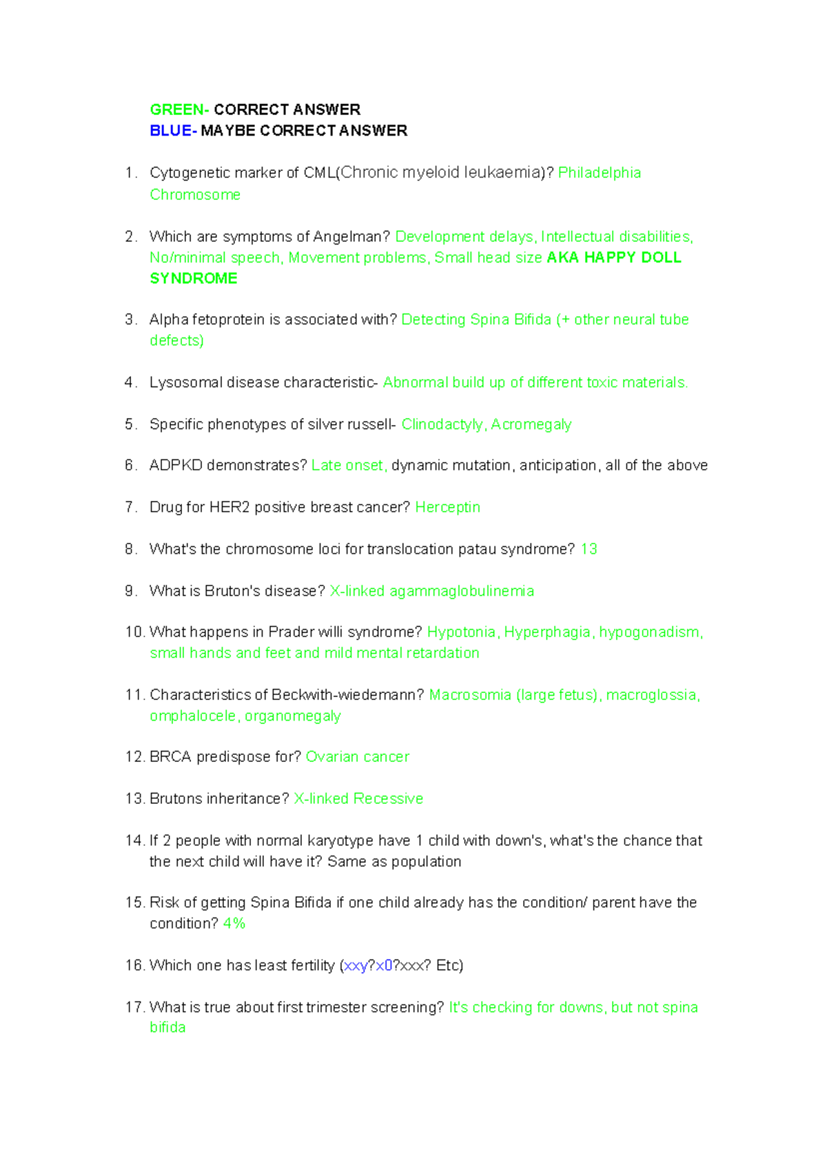 Copy of Genetics MCQ Final - GREEN- CORRECT ANSWER BLUE- MAYBE CORRECT ANSWER 1. Cytogenetic ...