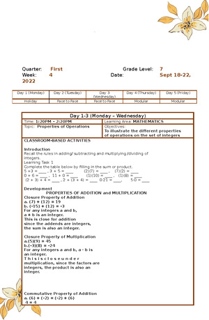 Math 7 Week 3 - whlp - Quarter: First Grade Level: 7 Week: 3 Date: Sept ...