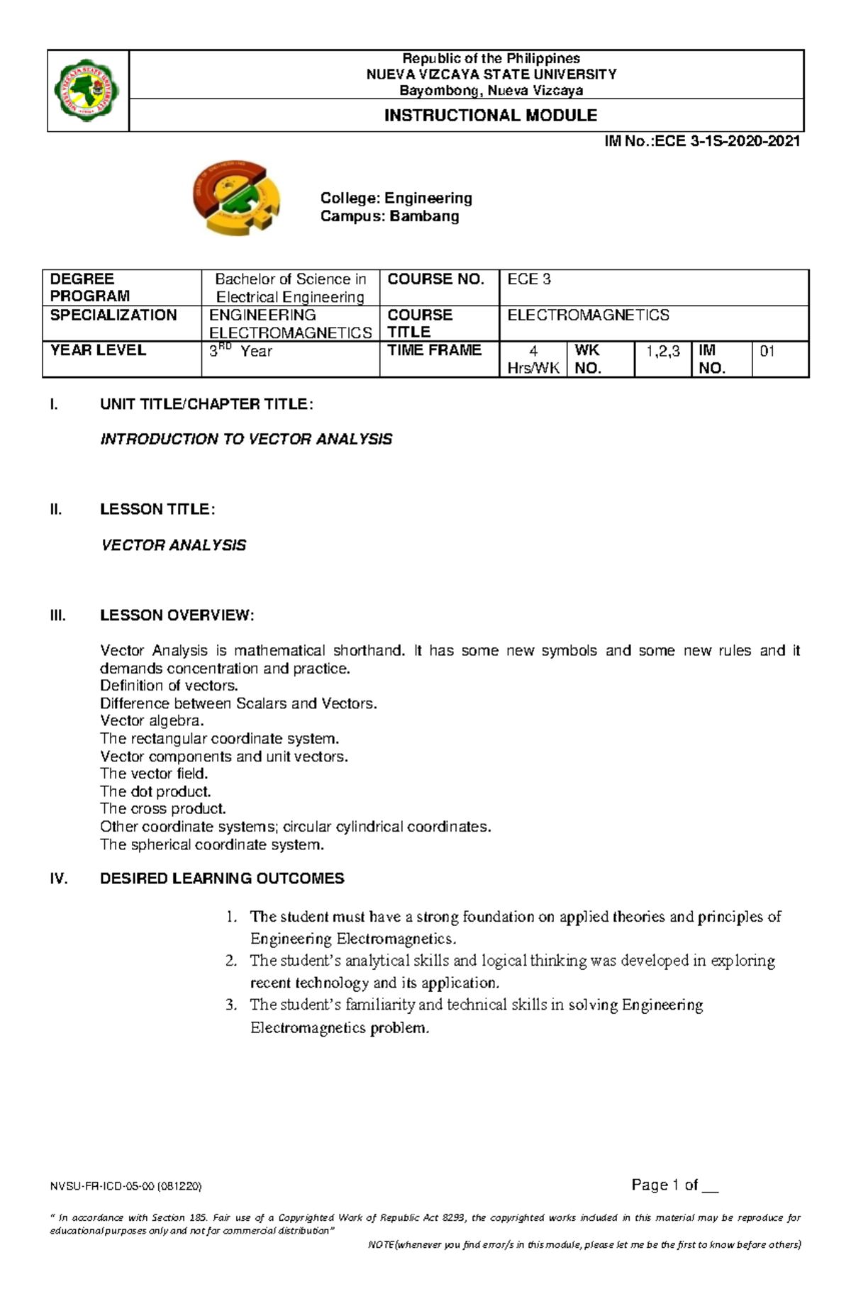 IM for Electromag - NUEVA VIZCAYA STATE UNIVERSITY Bayombong, Nueva ...