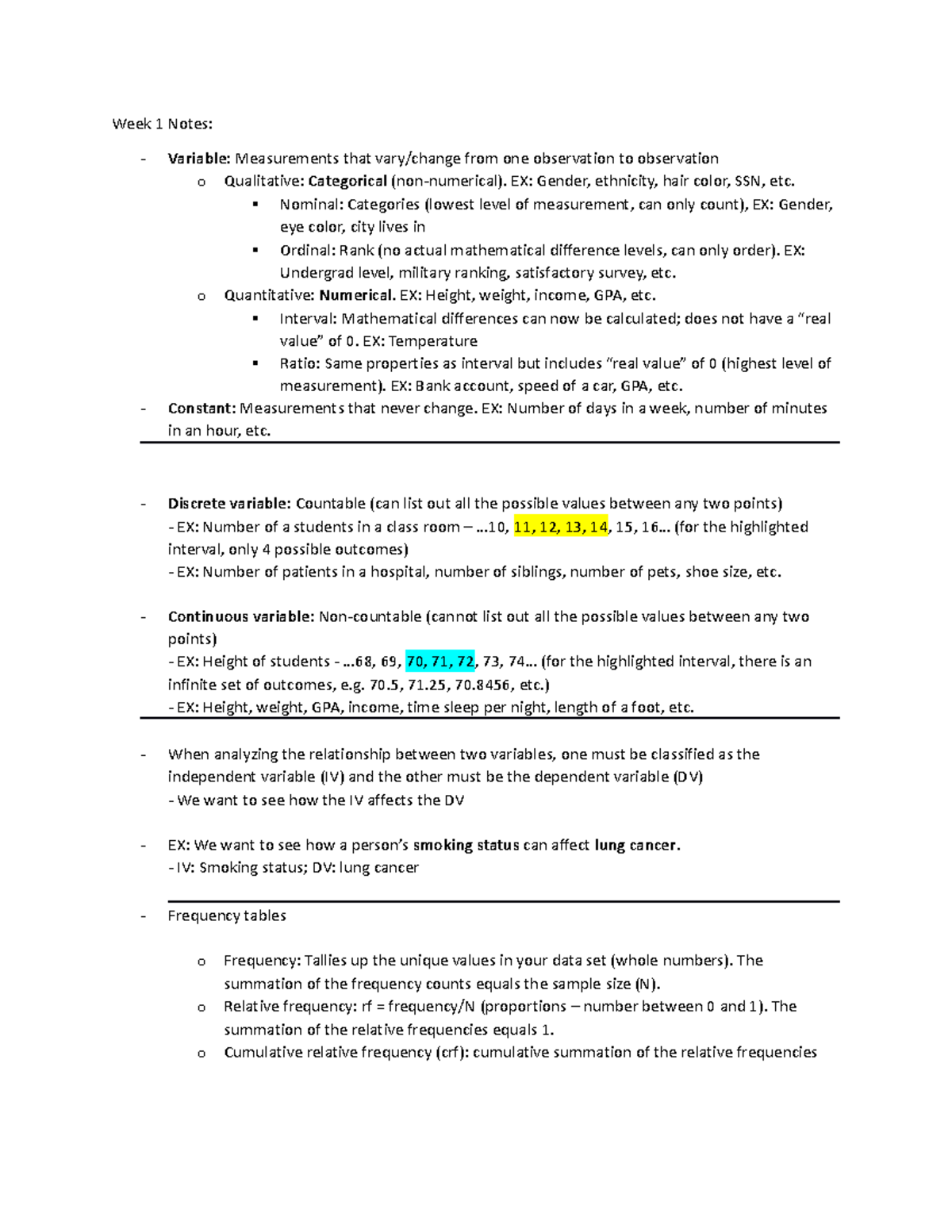 Week One Notes BST322 Meeting - Week 1 Notes: - Variable: Measurements ...