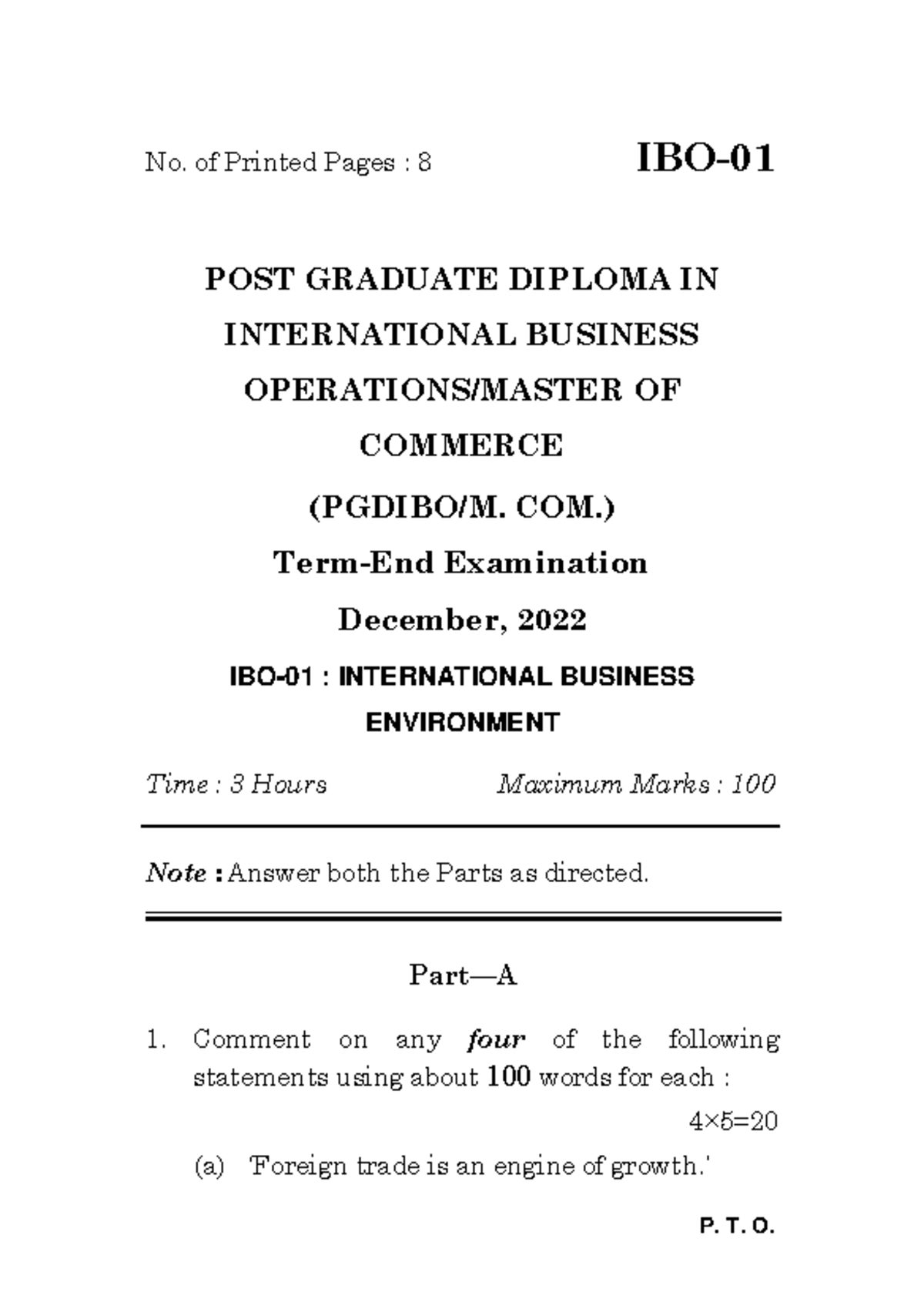 IBO-01 - P. T. O. No. of Printed Pages : 8 IBO- POST GRADUATE DIPLOMA ...