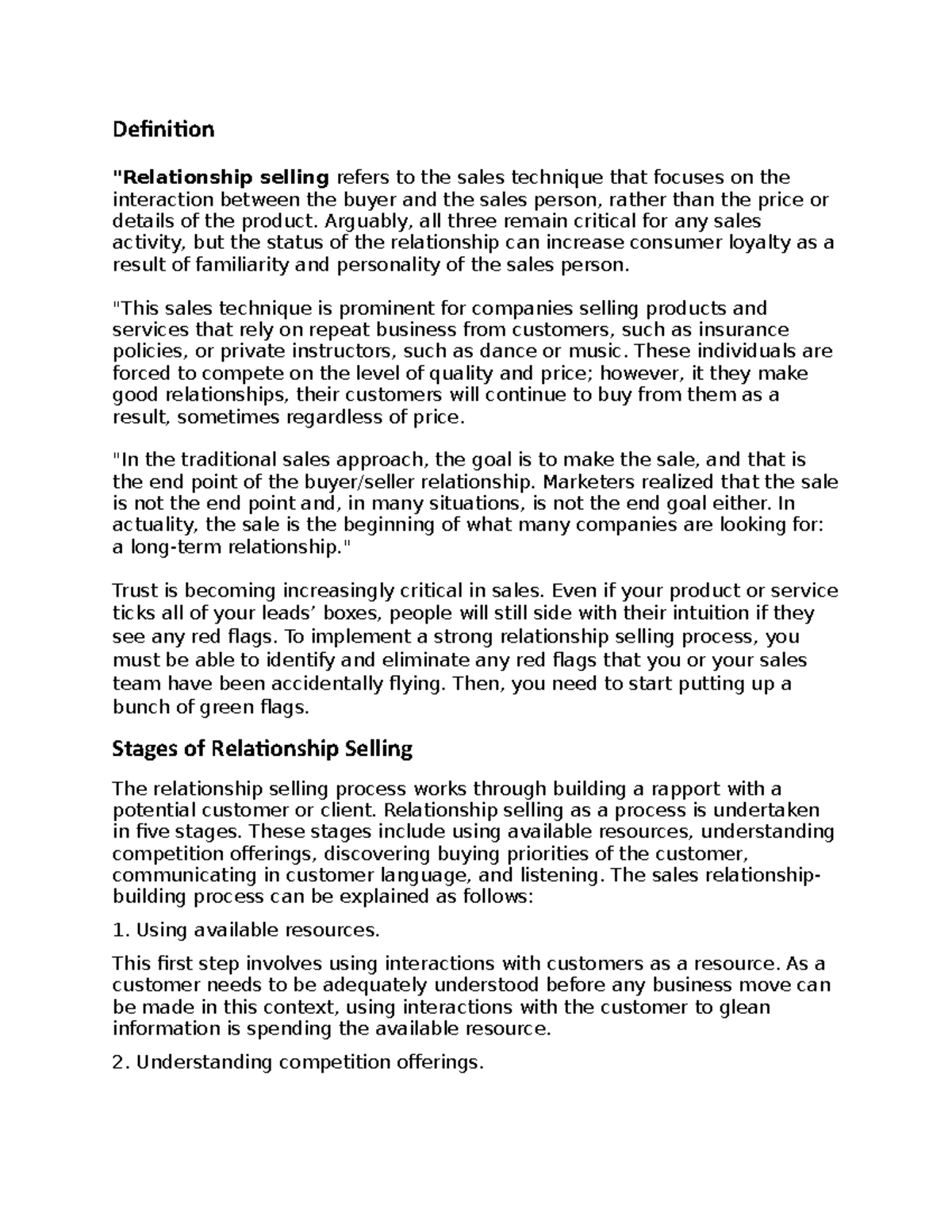 Relationship Selling - Definition "Relationship selling refers to the ...