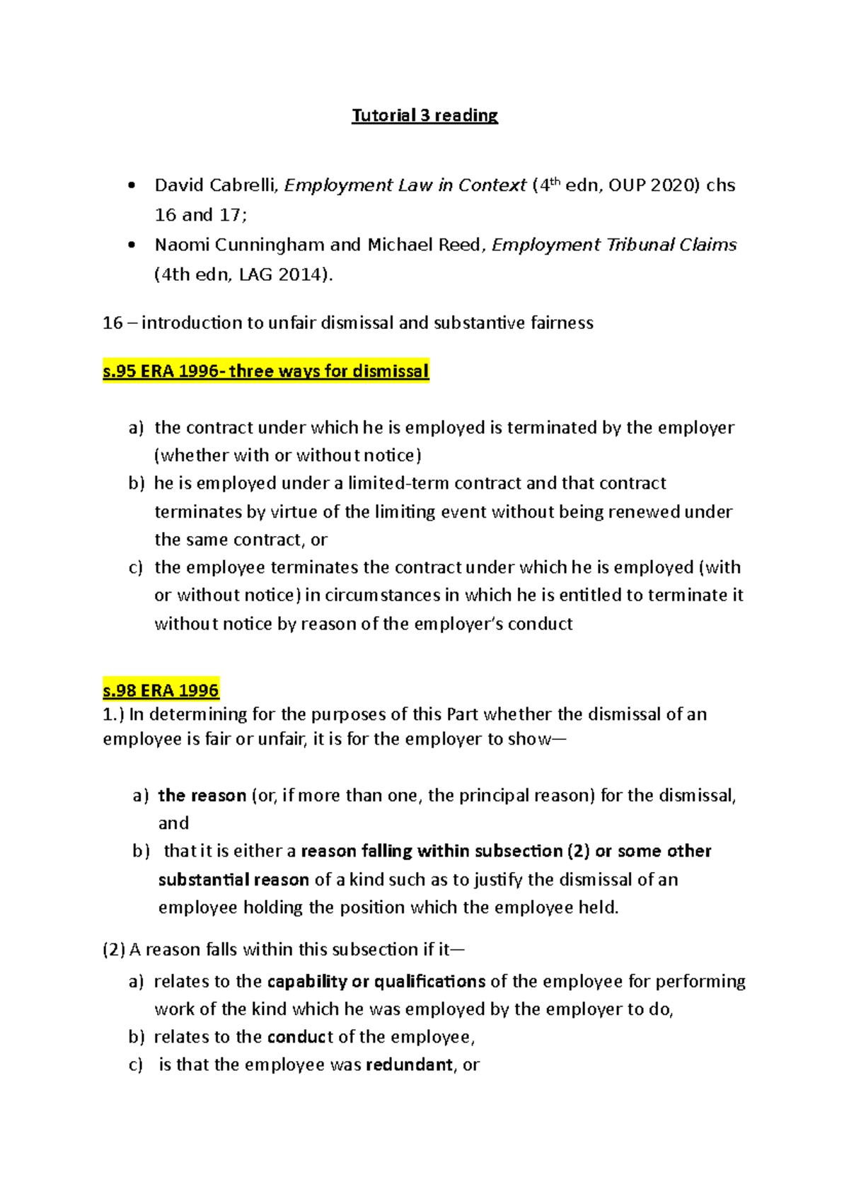 Tutorial 3 reading - Tutorial 3 reading David Cabrelli, Employment Law ...