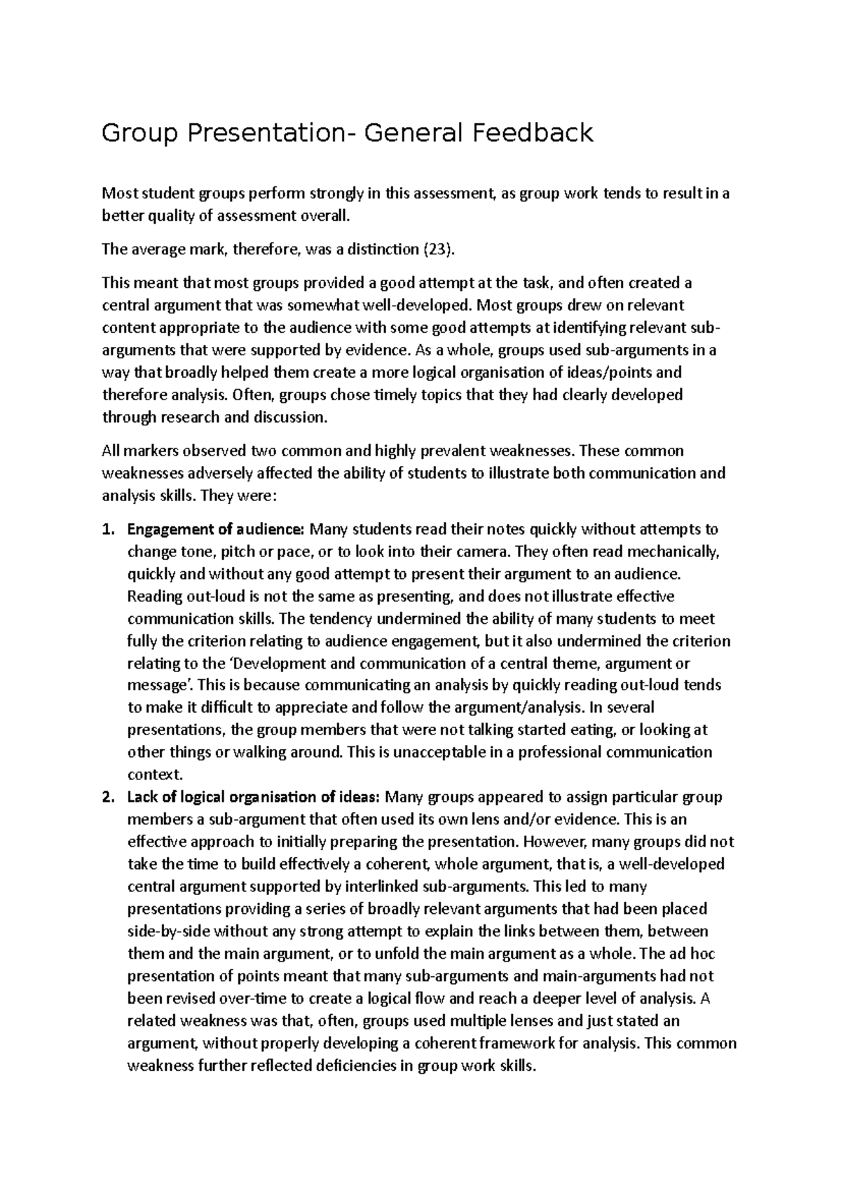 Assessment 1 - General Feedback Group Presentation - Group Presentation ...