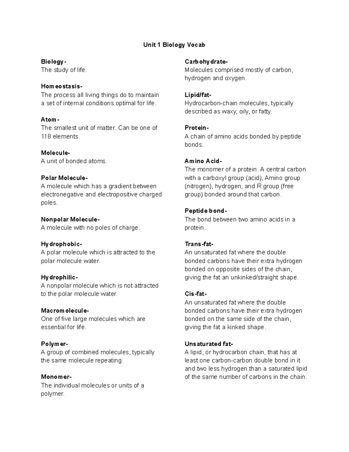 Unit 1 Biology Vocabulary - Unit 1 Biology Vocab Biology- The study of ...