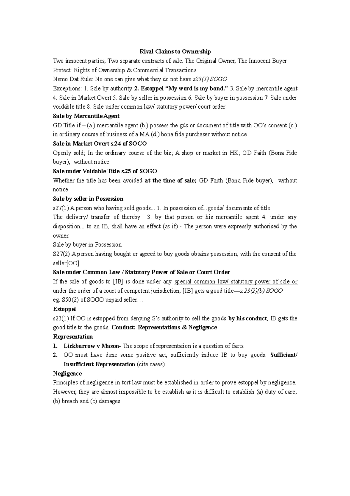 Commercial Law L7 Resolution of Rival Claims of Ownership - Rival ...