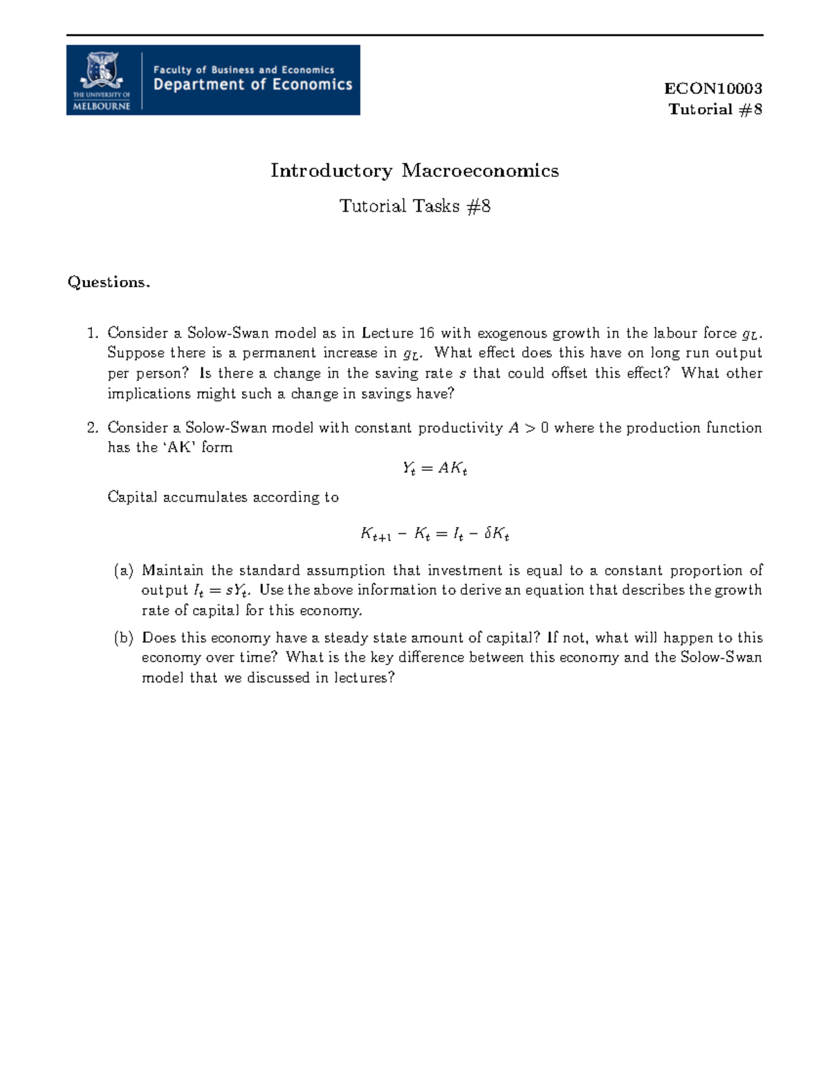 Tutorial Tasks 8 Econ Tutorial Introductory Macroeconomics Tutorial Tasks Questions 