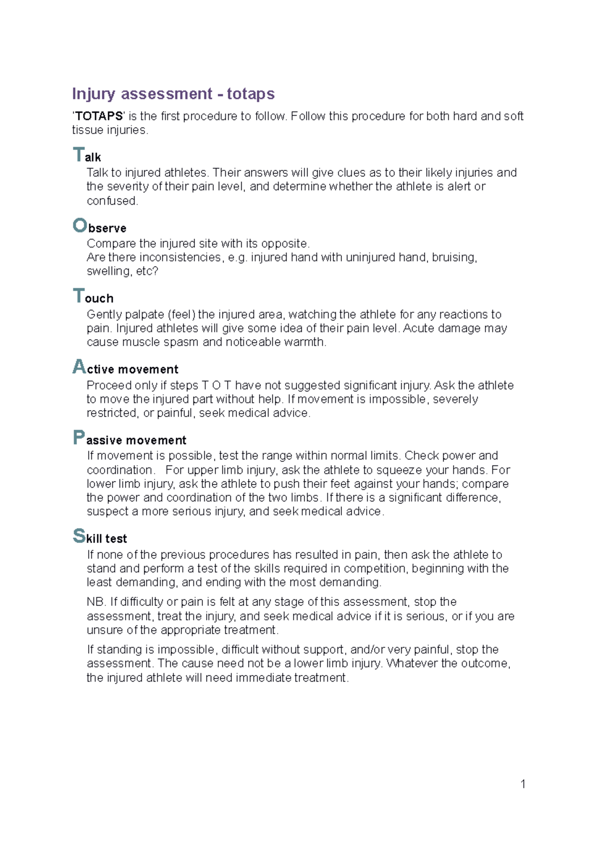 9d injuries assessment totaps - Injury assessment - totaps ‘TOTAPS’ is ...