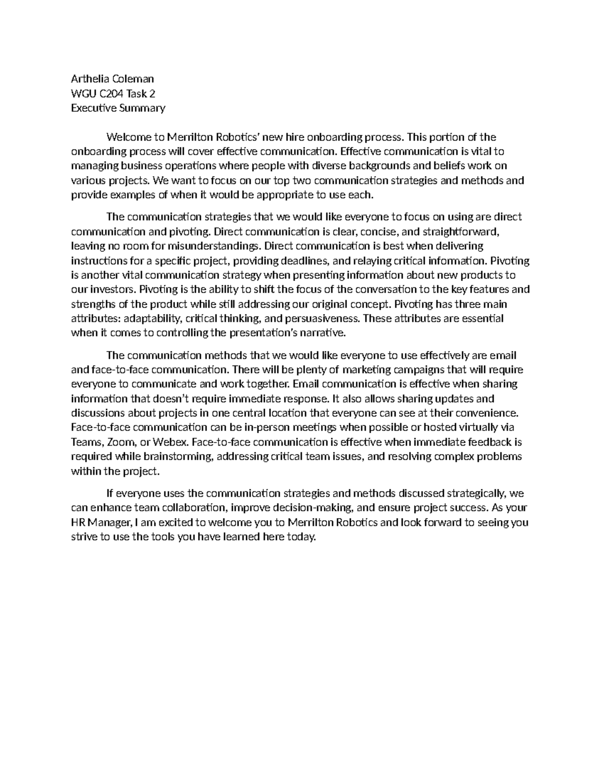 Arthelia Coleman C204 Executive Summary - Arthelia Coleman WGU C204 ...