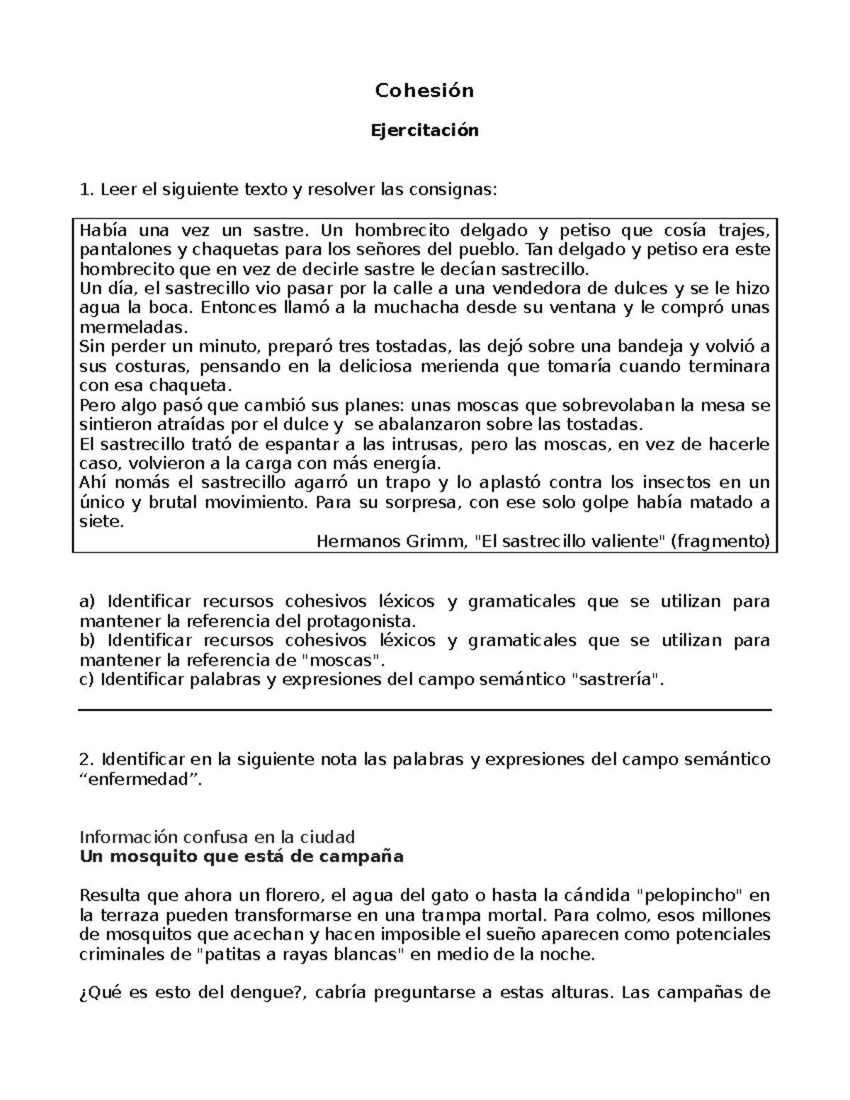 Cohesion Ejercitacion - Cohesión Ejercitación Leer el siguiente texto y ...