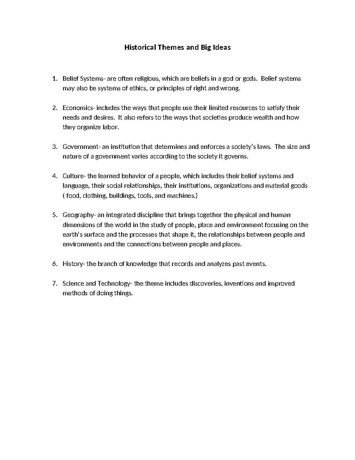 5 Themes of Social Studies - Historical Themes and Big Ideas 1. Belief ...