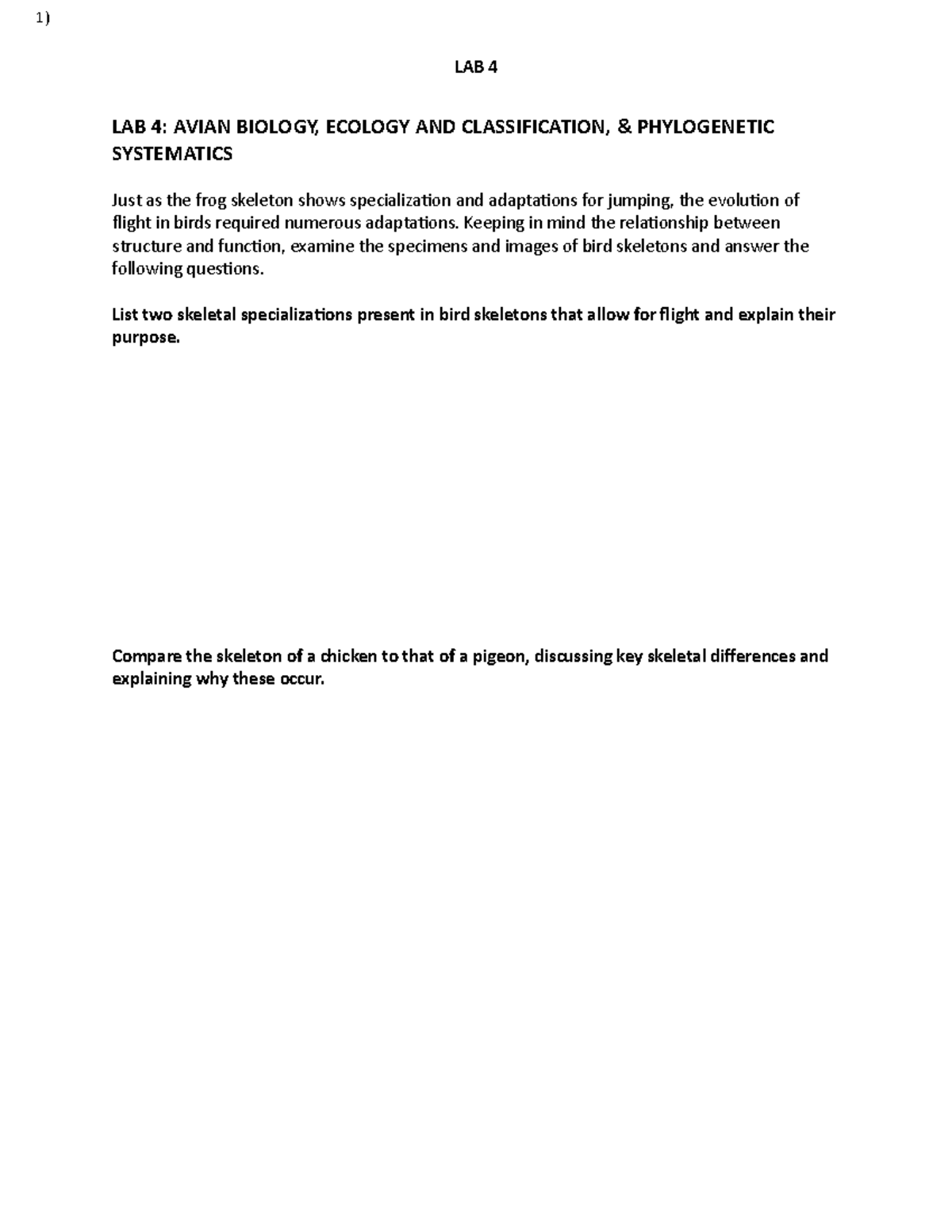 BIOL330 Lab 4 - lab manual for lab 4 frog dissection - LAB 4 LAB 4: AVIAN BIOLOGY, ECOLOGY AND ...