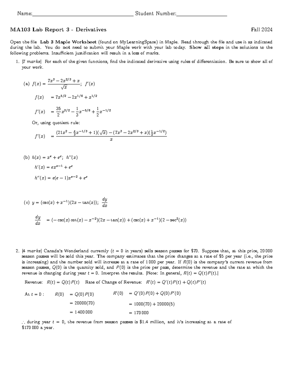MA103 Lab 3 Solutions - Name: Student Number: MA103 Lab Report 3 ...