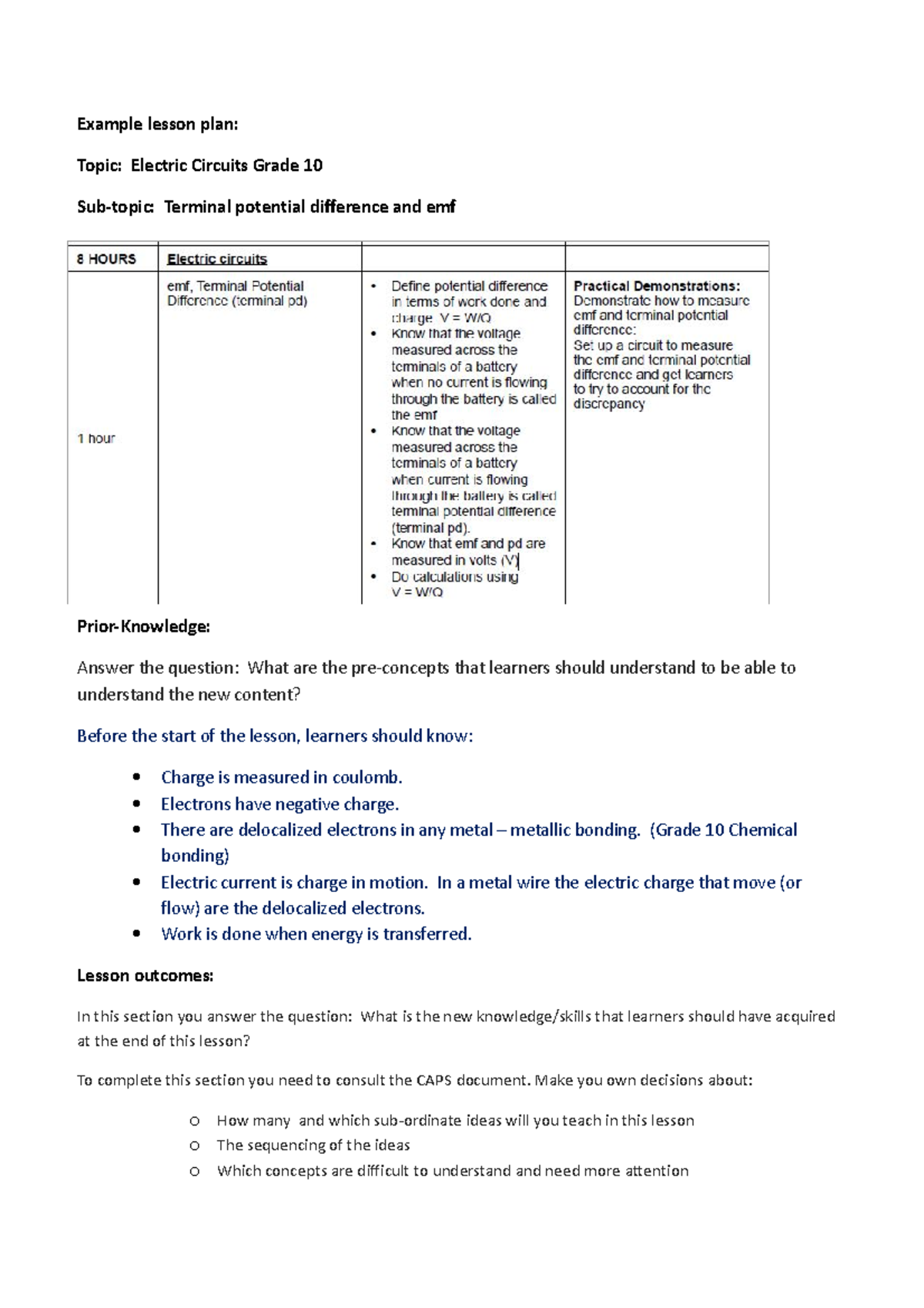 Example lesson plan - Example lesson plan: Topic: Electric Circuits ...