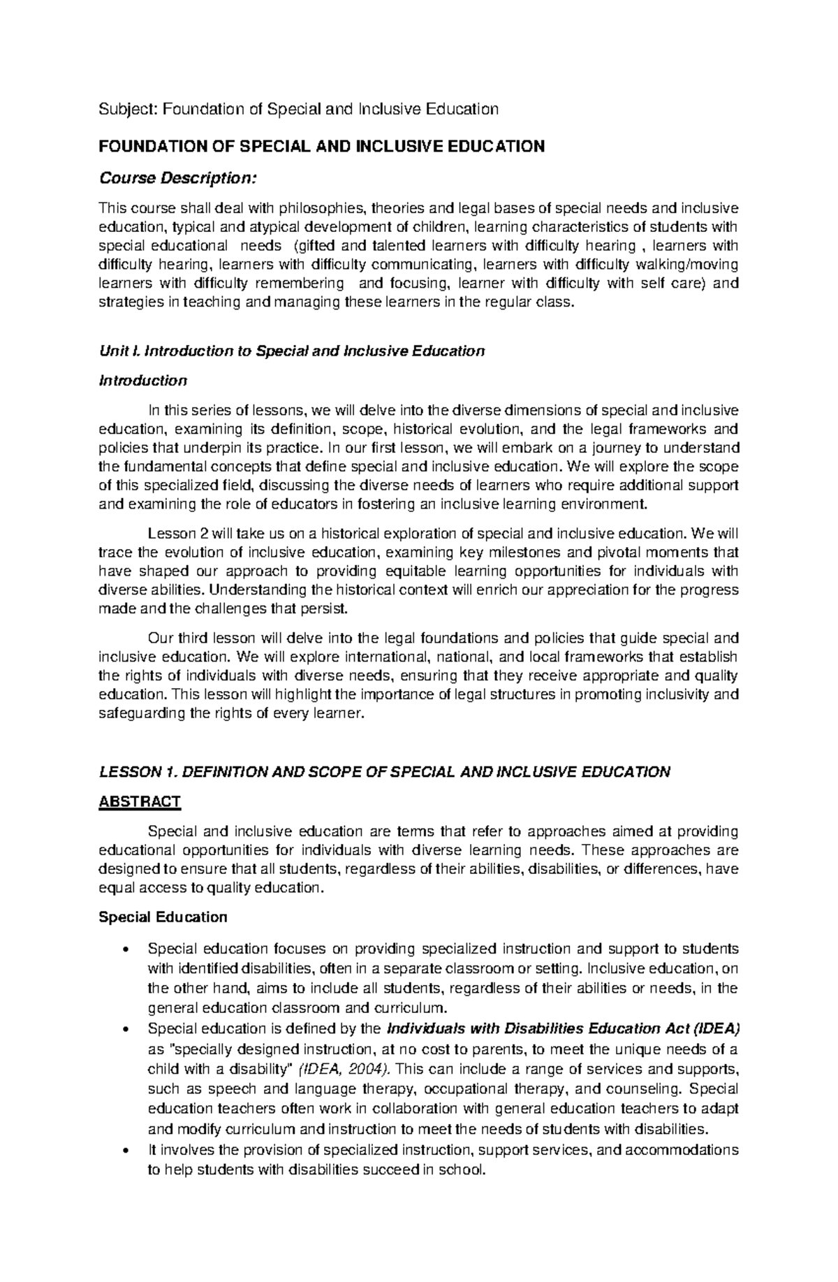 HAndout-for-UNit-1-Special-and-inclusive-Education - Subject ...