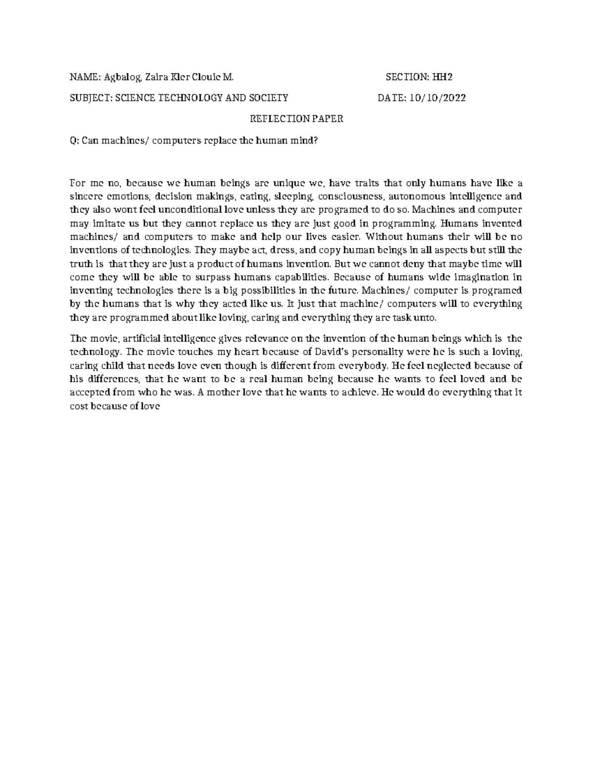 Reflection paper(sts) - NAME: Agbalog, Zaira Kler Clouie M. SECTION: HH ...