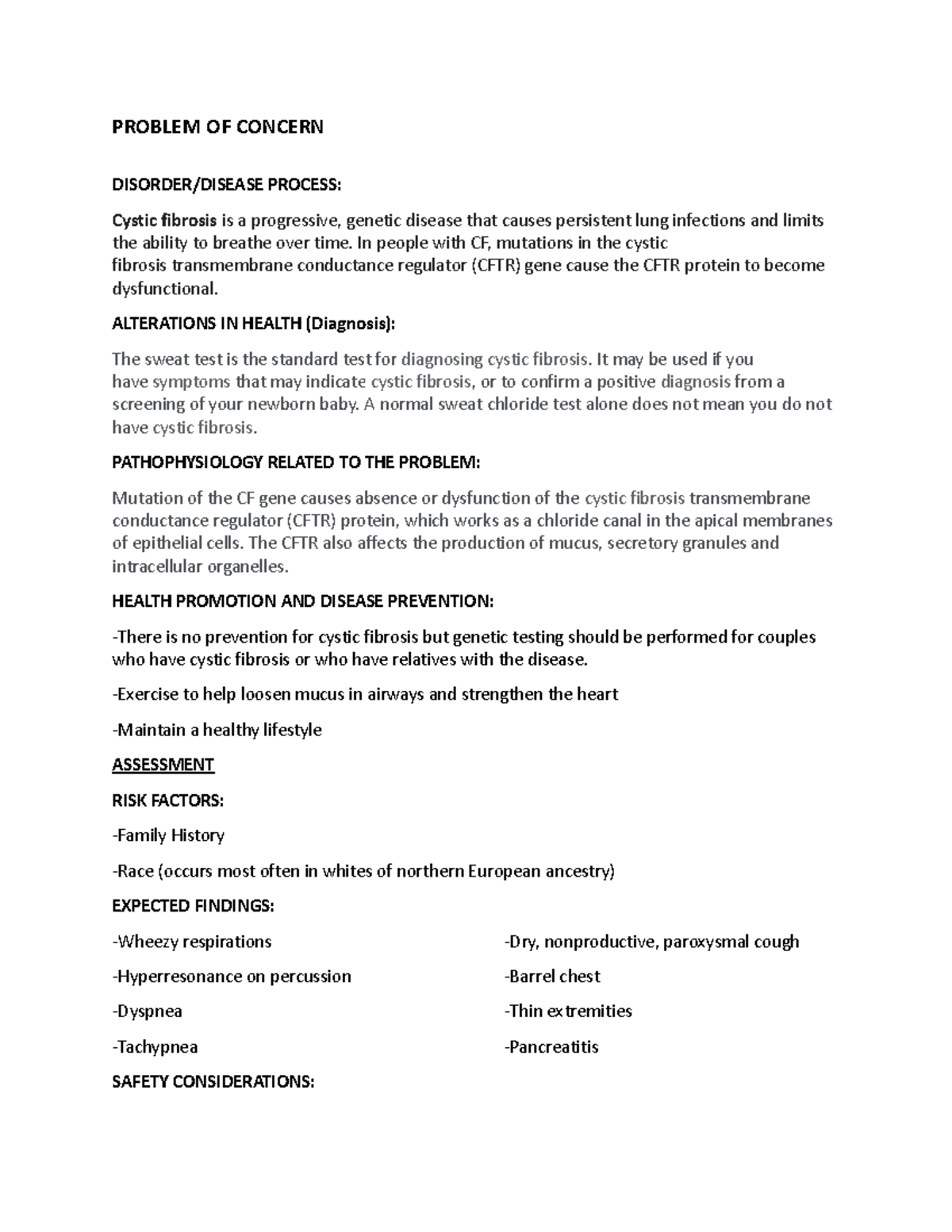 Cystic fibrosis POC - NOTES - PROBLEM OF CONCERN DISORDER/DISEASE ...