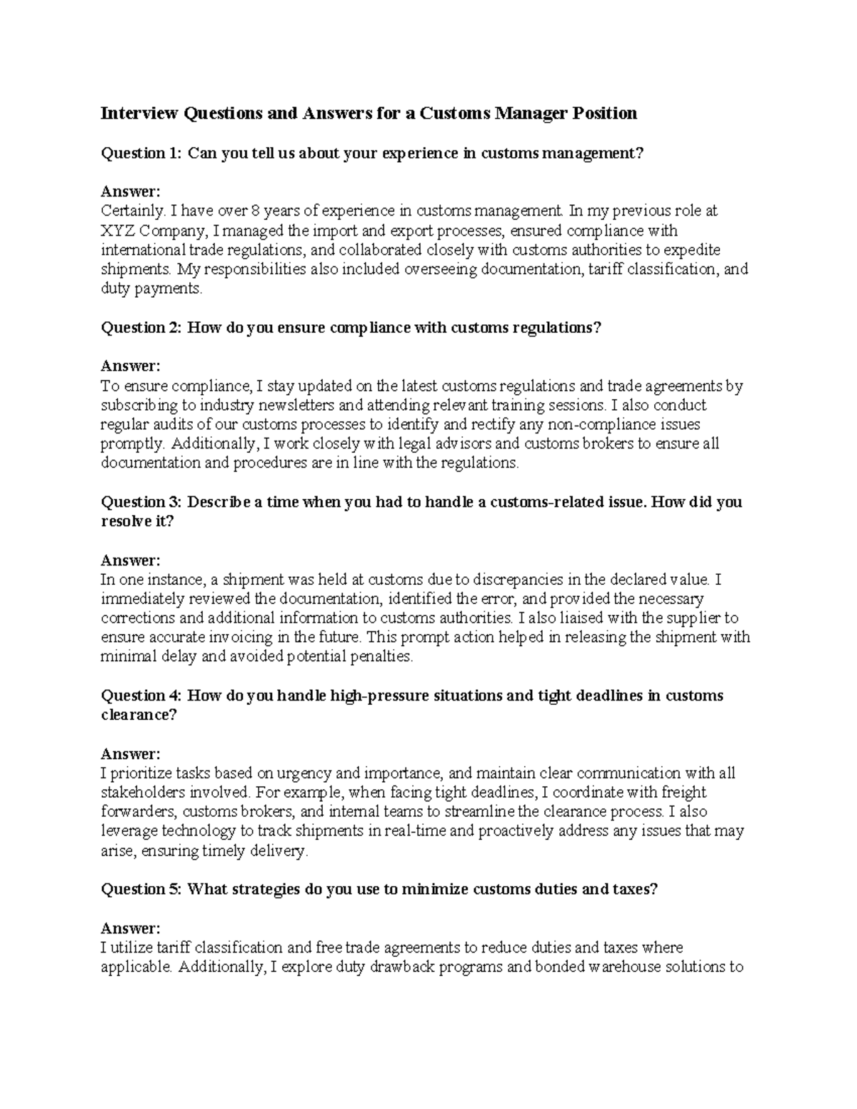 Interview Questions and Answers for a Customs Manager Position - I have ...