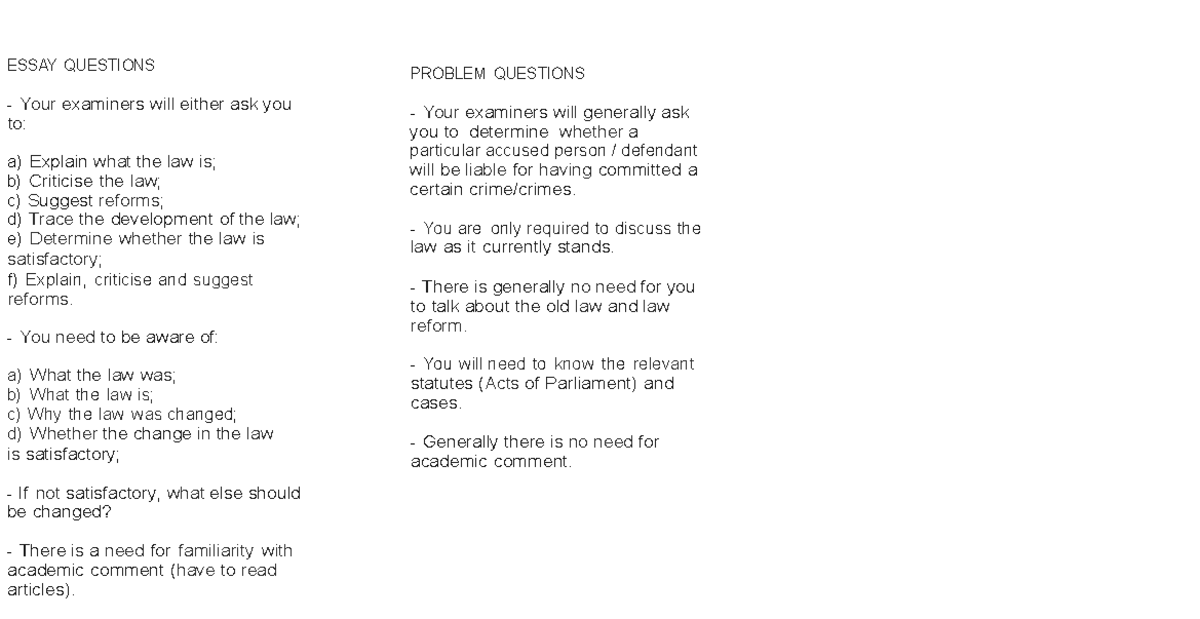 Problem and essays question- analysis - ESSAY QUESTIONS Your examiners ...