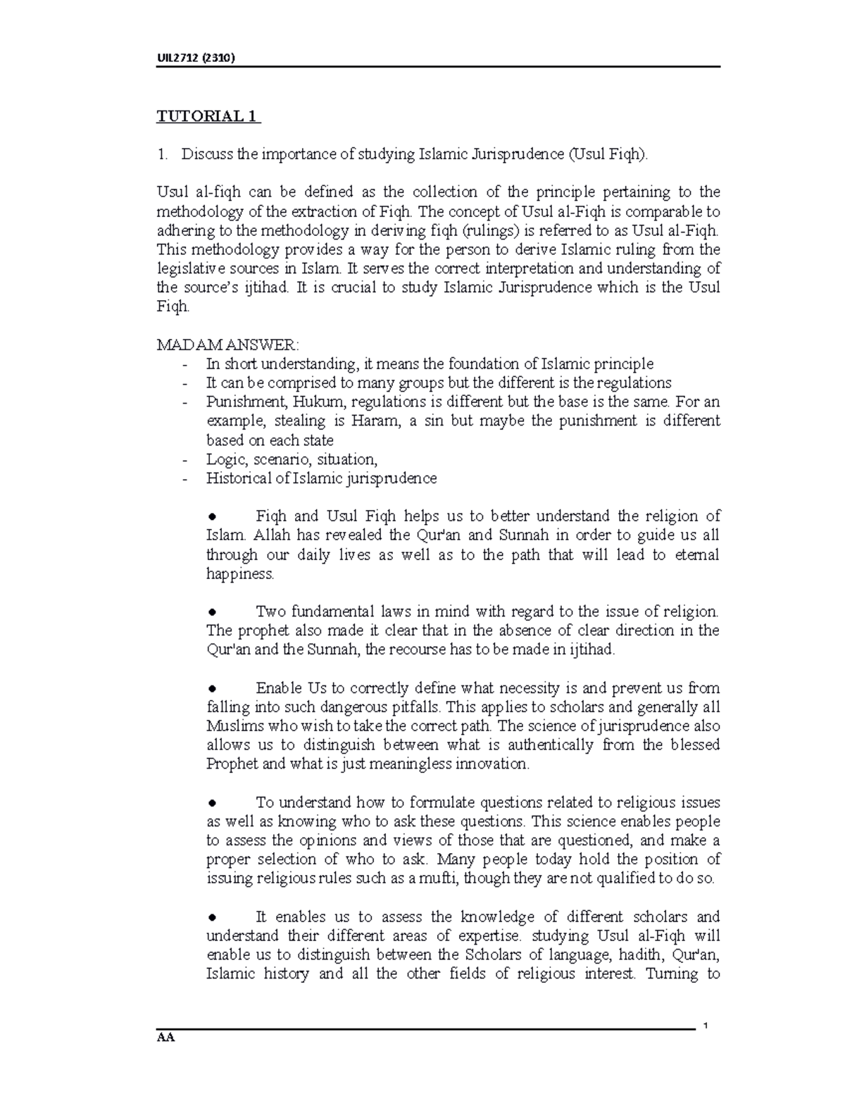 Tutorial 1 (al-quran) - for reference - UIL2712 (2310) TUTORIAL 1 1 ...