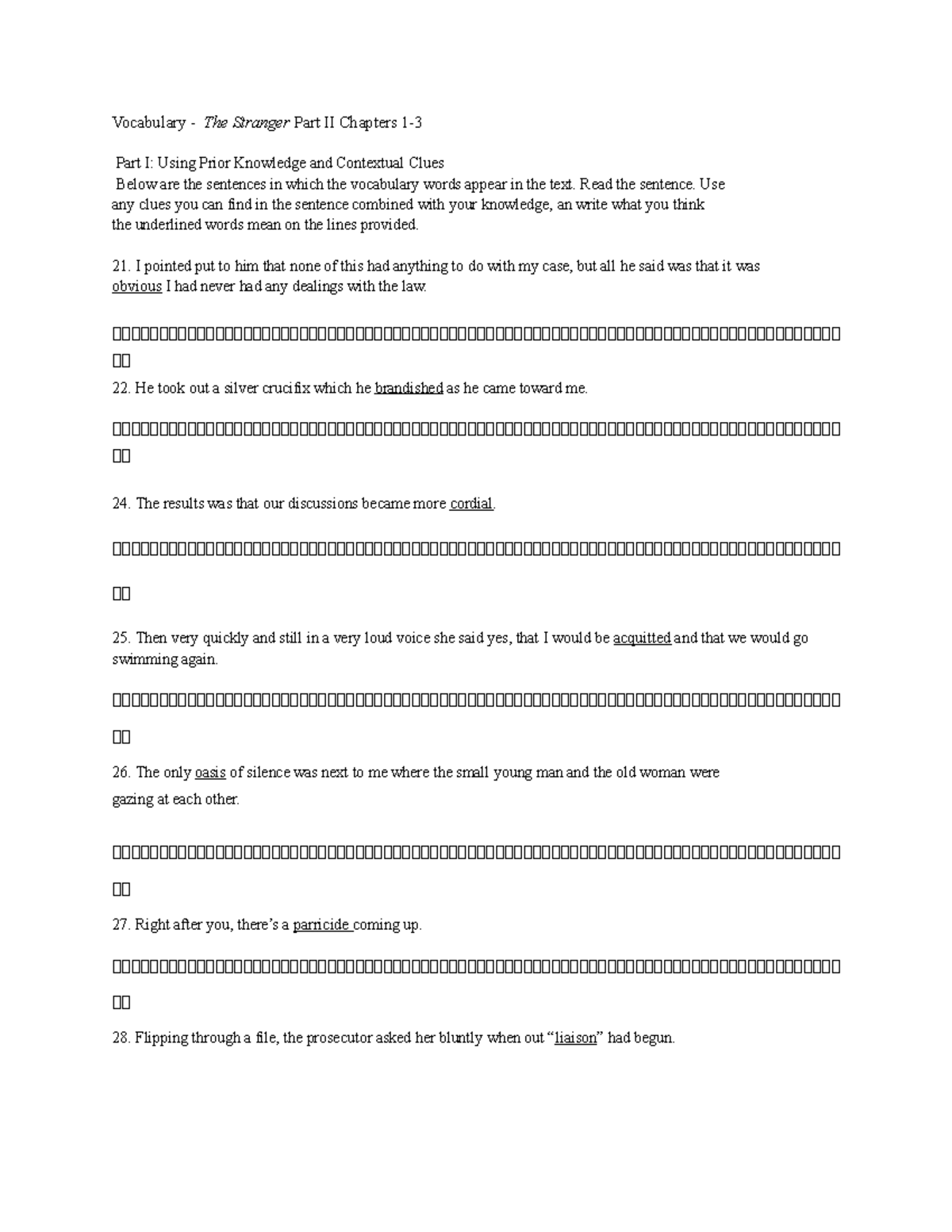 Vocabulary - vocal - Vocabulary - The Stranger Part II Chapters 1- Part ...