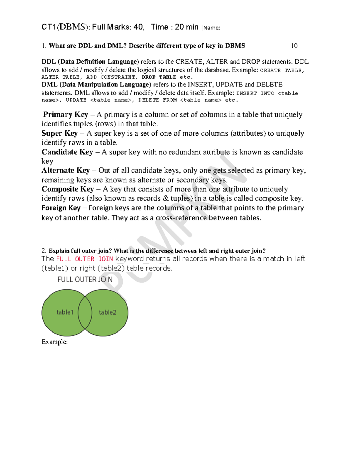 DB class test1 - 1. What are DDL and DML? Describe different type of ...