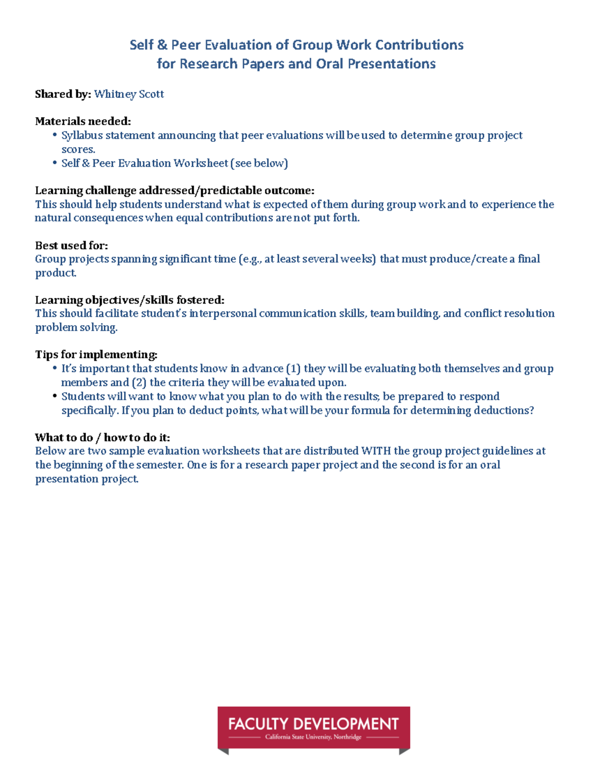 Self & Peer Evaluations of Group Work - Self & Peer Evaluation of Group ...