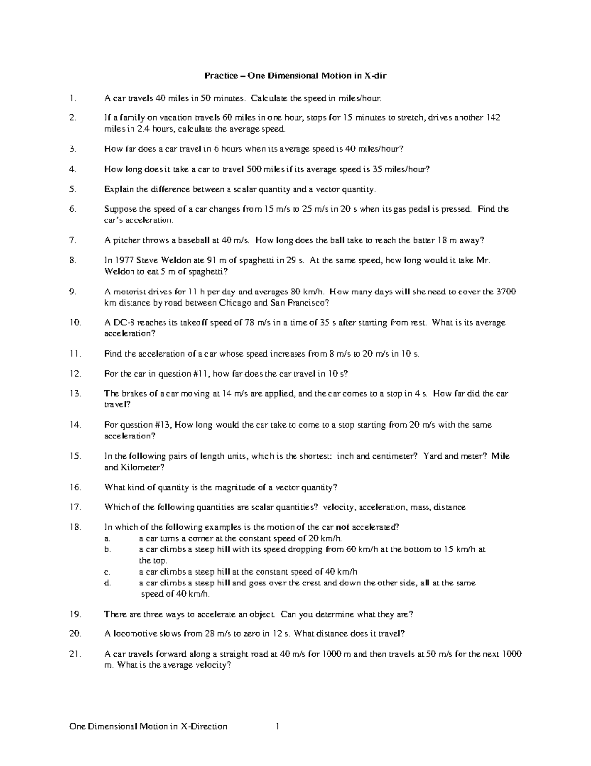 PHY 201 - Homework Problems - One Dimensional Motion in X-Direction 1 ...