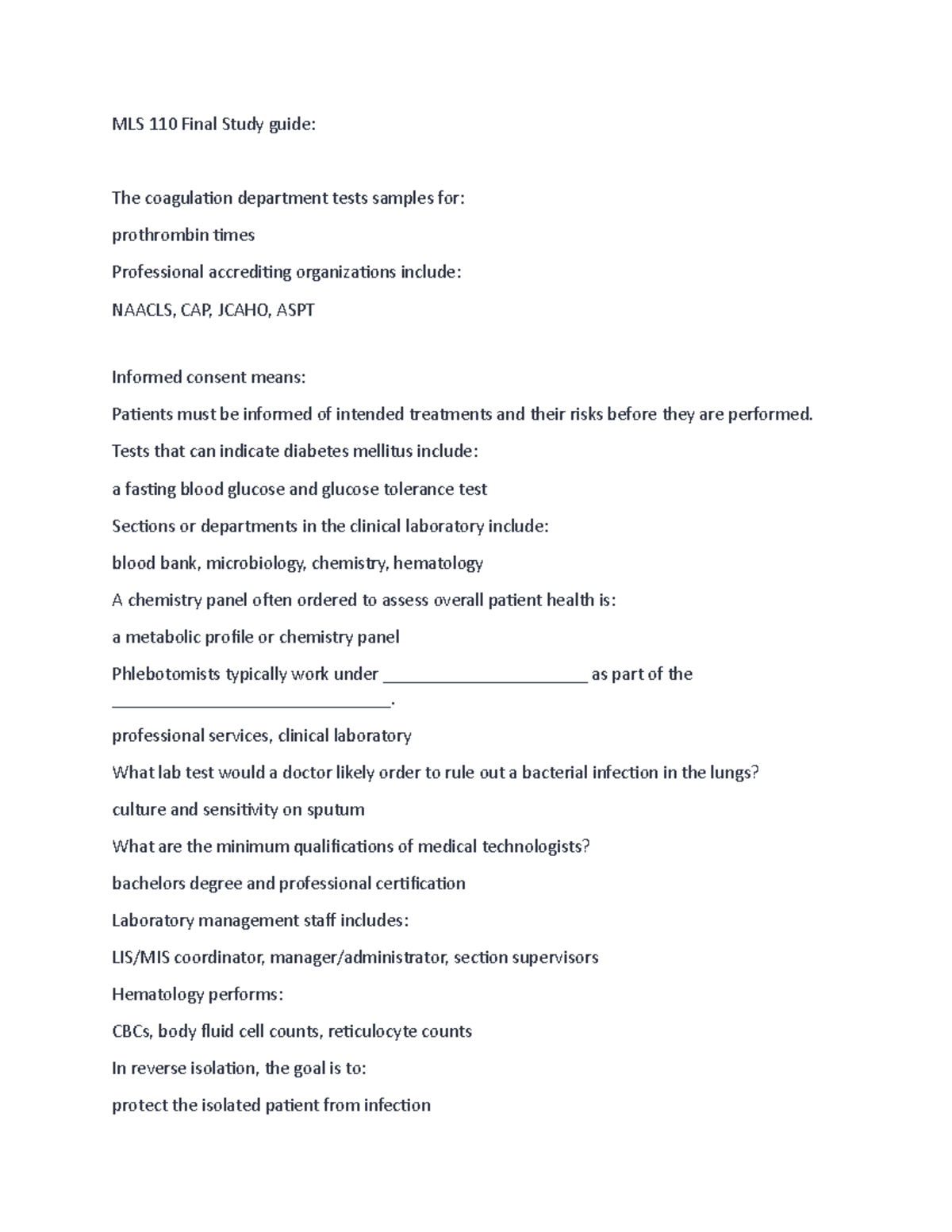 Document 29 - MLS study guide for chapter 1 exam - MLS 110 Final Study ...