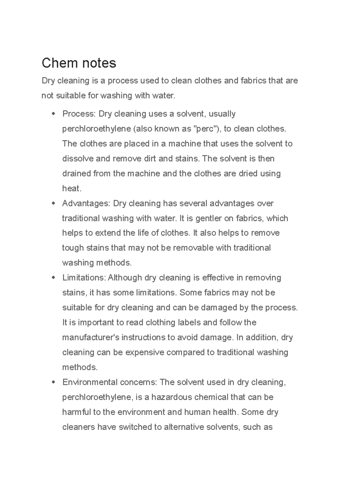 Dry cleaning - notes - Chem notes Dry cleaning is a process used to ...