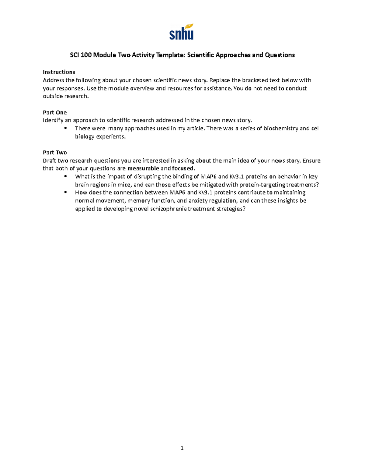 SCI 100 Module Two Activity - Replace the bracketed text below with ...
