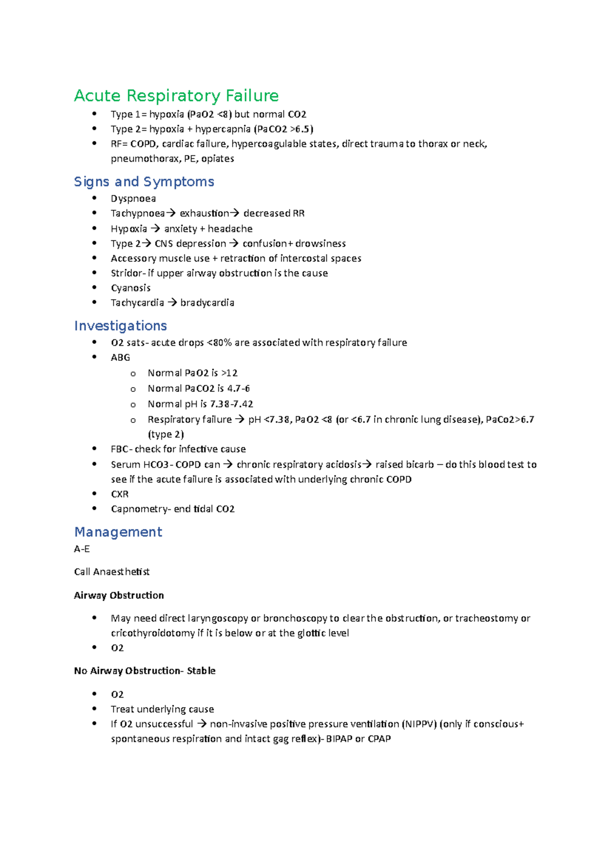 Acute Respiratory Failure - o Respiratory failure pH