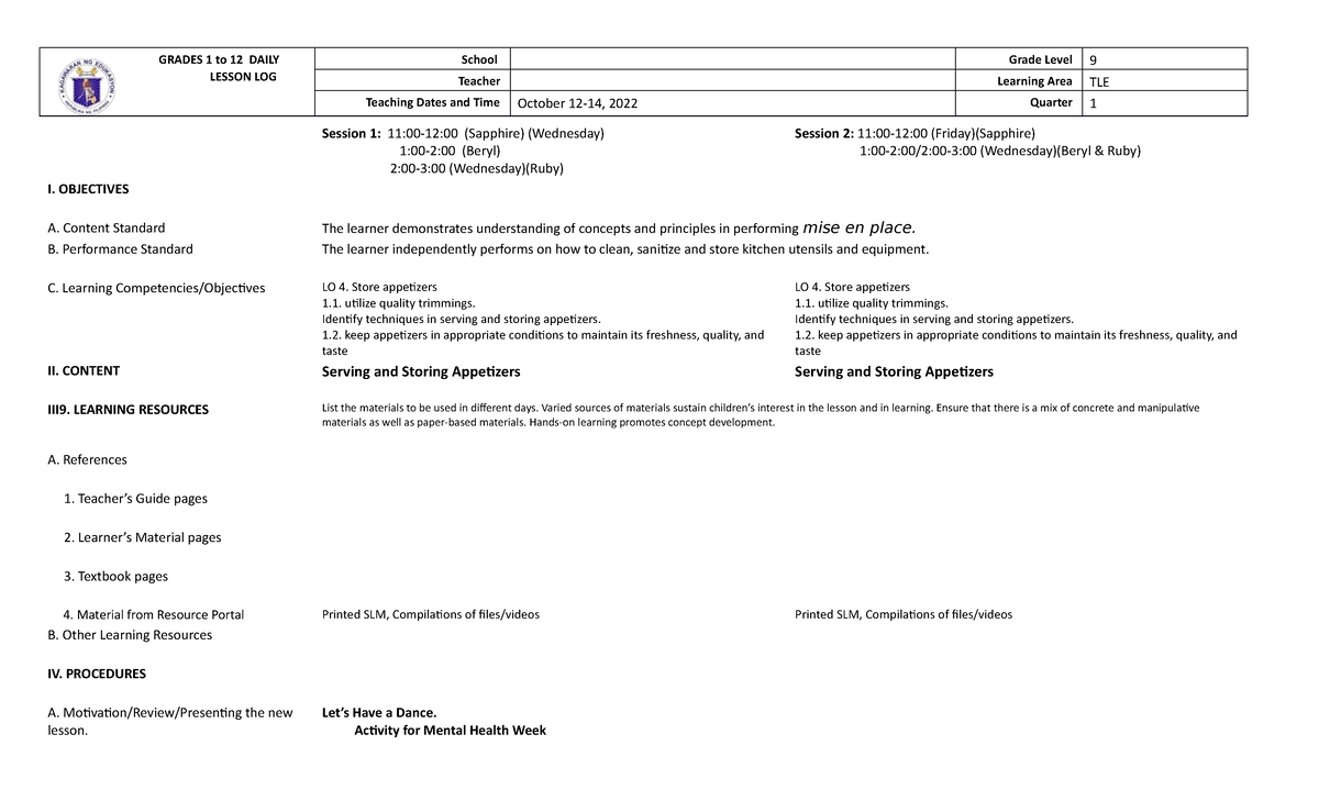 16 DLL Q1 TLE 9 2022 2023 - DLL - GRADES 1 to 12 DAILY LESSON LOG ...