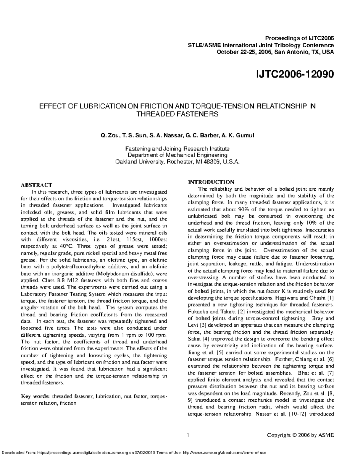 Thread lubrication study - 1 Copyright © 2006 by ASME Proceedings of ...
