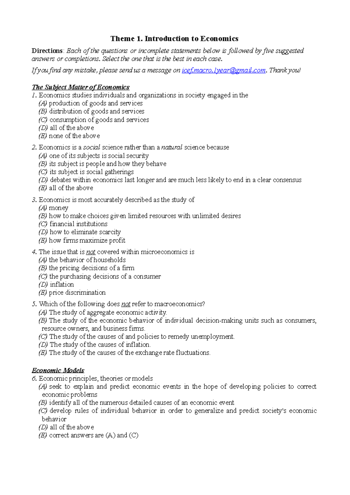 Introduction To Economics multiple Choice Questions Theme 1 