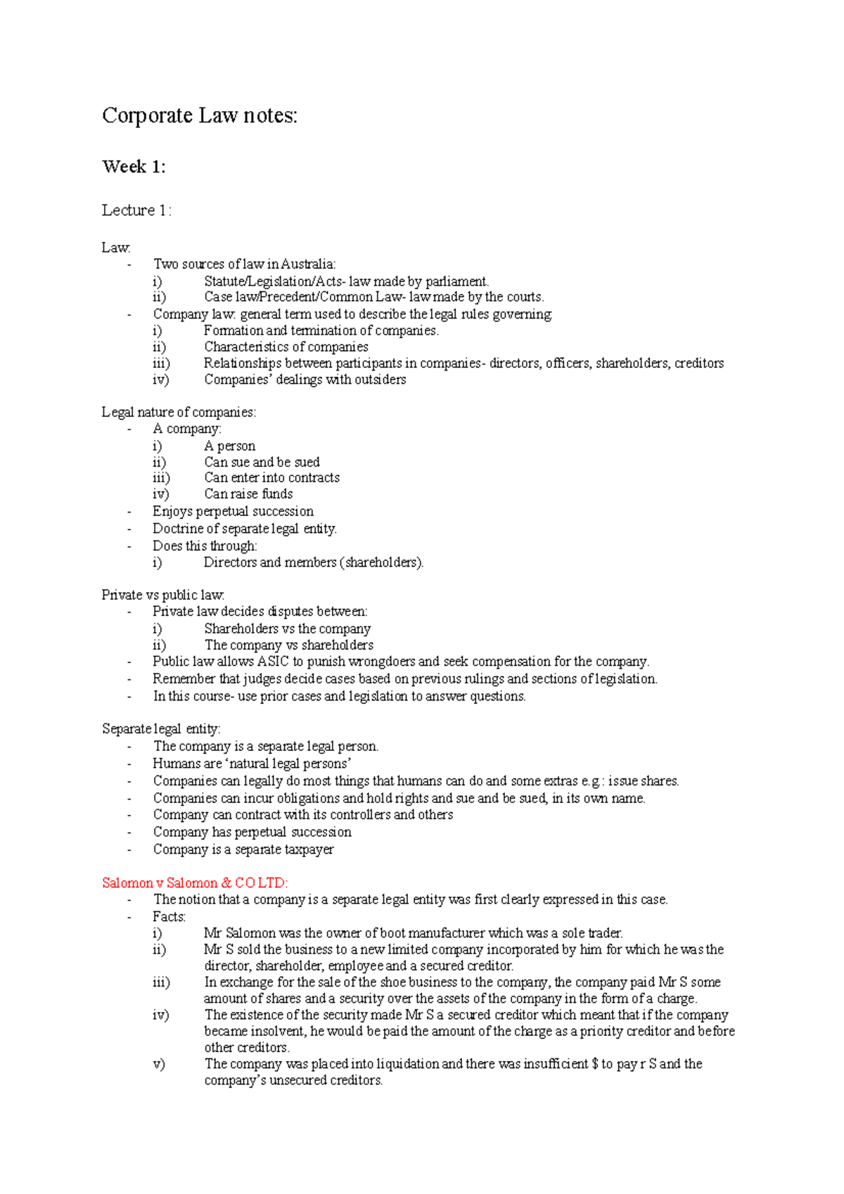 Corporate Law notes - Corporate Law notes: Week 1: Lecture 1: Law ...
