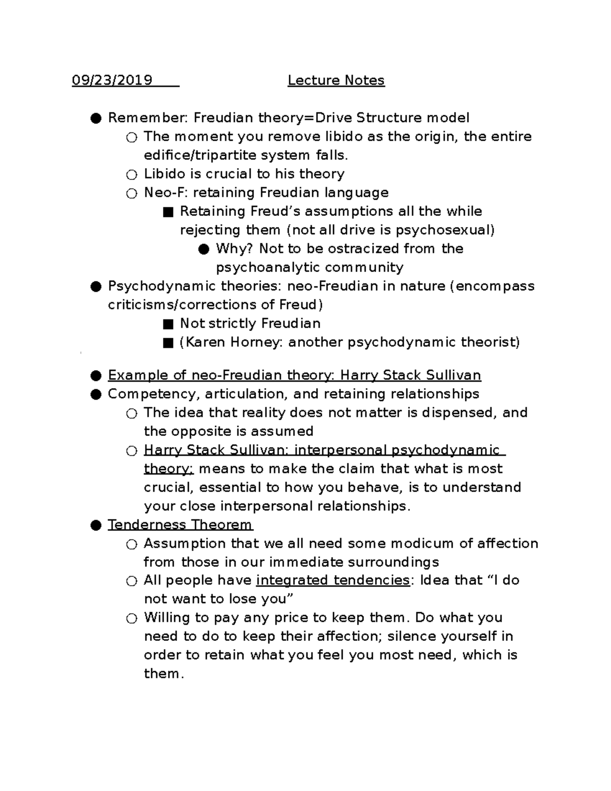Lecture 09 23 - 09/23/2019 Lecture Notes Remember: Freudian theory ...
