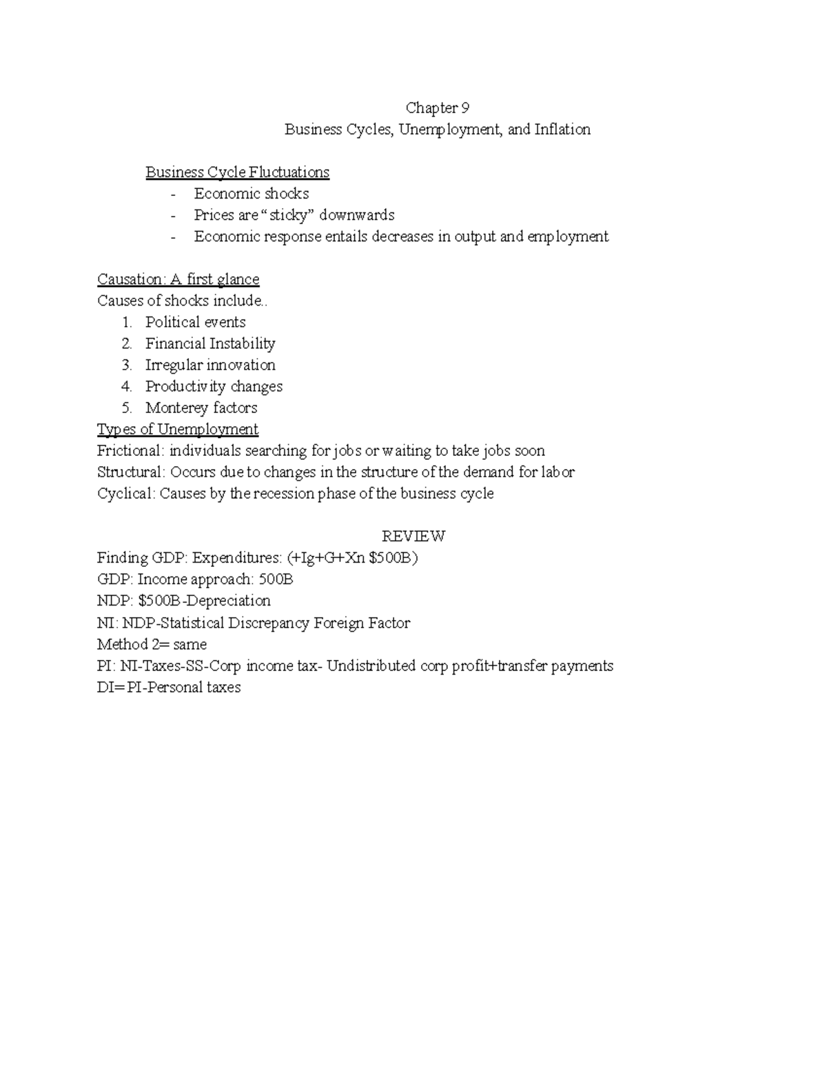 Chapter 9 Macroeconomics - Chapter 9 Business Cycles, Unemployment, and ...