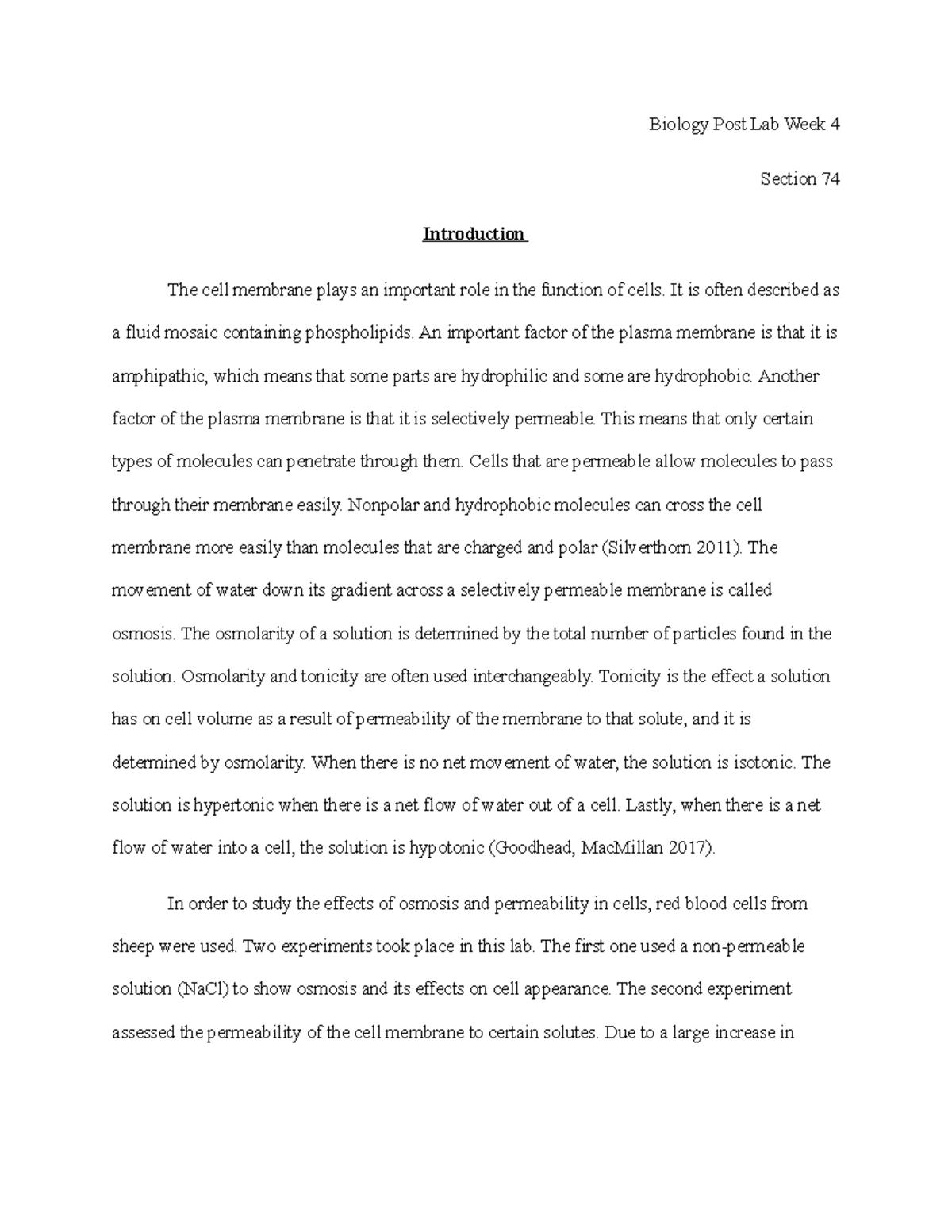 Biology Post Lab Week 4 Introduction - Biology Post Lab Week 4 Section ...