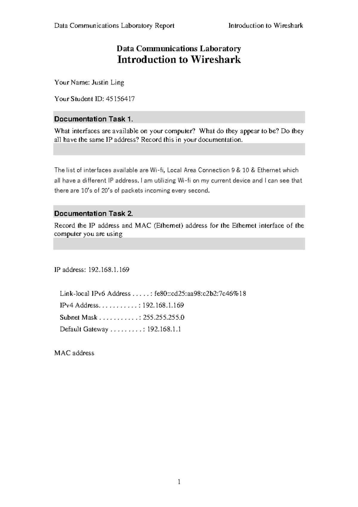 Practical Intoduction To Wireshark Documentation Template Data Communications Laboratory