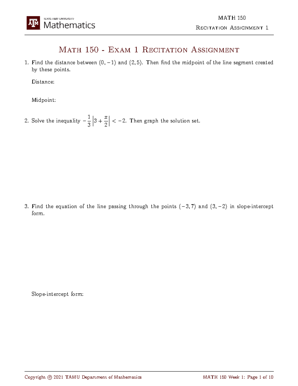 150Exam1RABlank - exam review - Recitation Assignment 1 Math 150 - Exam ...