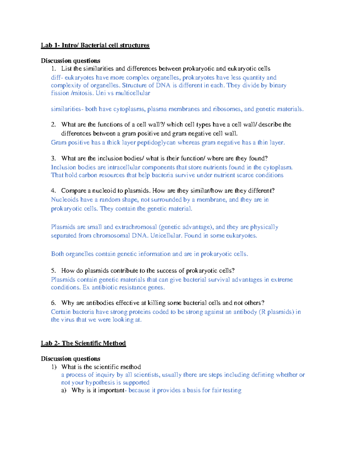 BIOL 186 Lab Discussion Questions Answers - Lab 1- Intro/ Bacterial ...