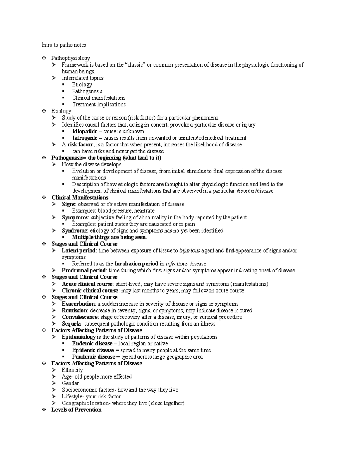 Intro to patho notes - Interrelated topics Etiology Pathogenesis ...