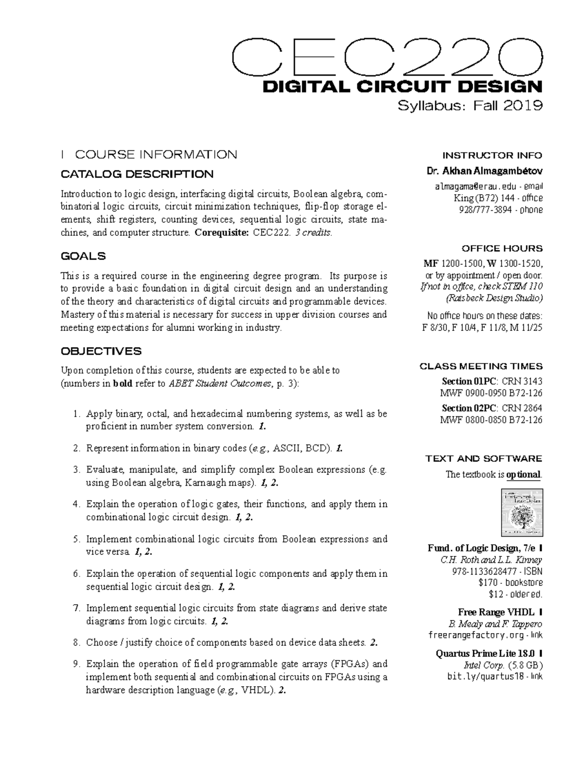 2019 40 cec220-syllabus - ☛ CEC DIGITAL CIRCUIT DESIGN Syllabus: Fall ...
